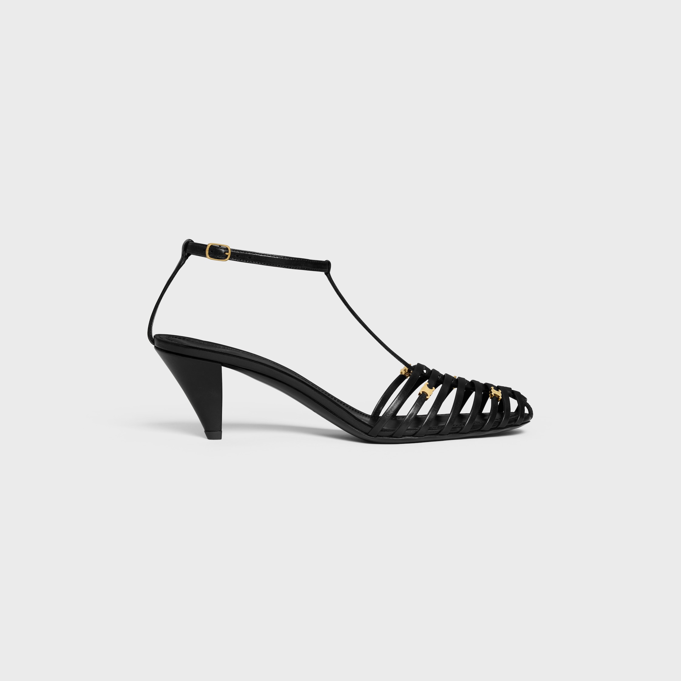 CAGE HEELED SANDAL IN GOATSKIN - BLACK | CELINE