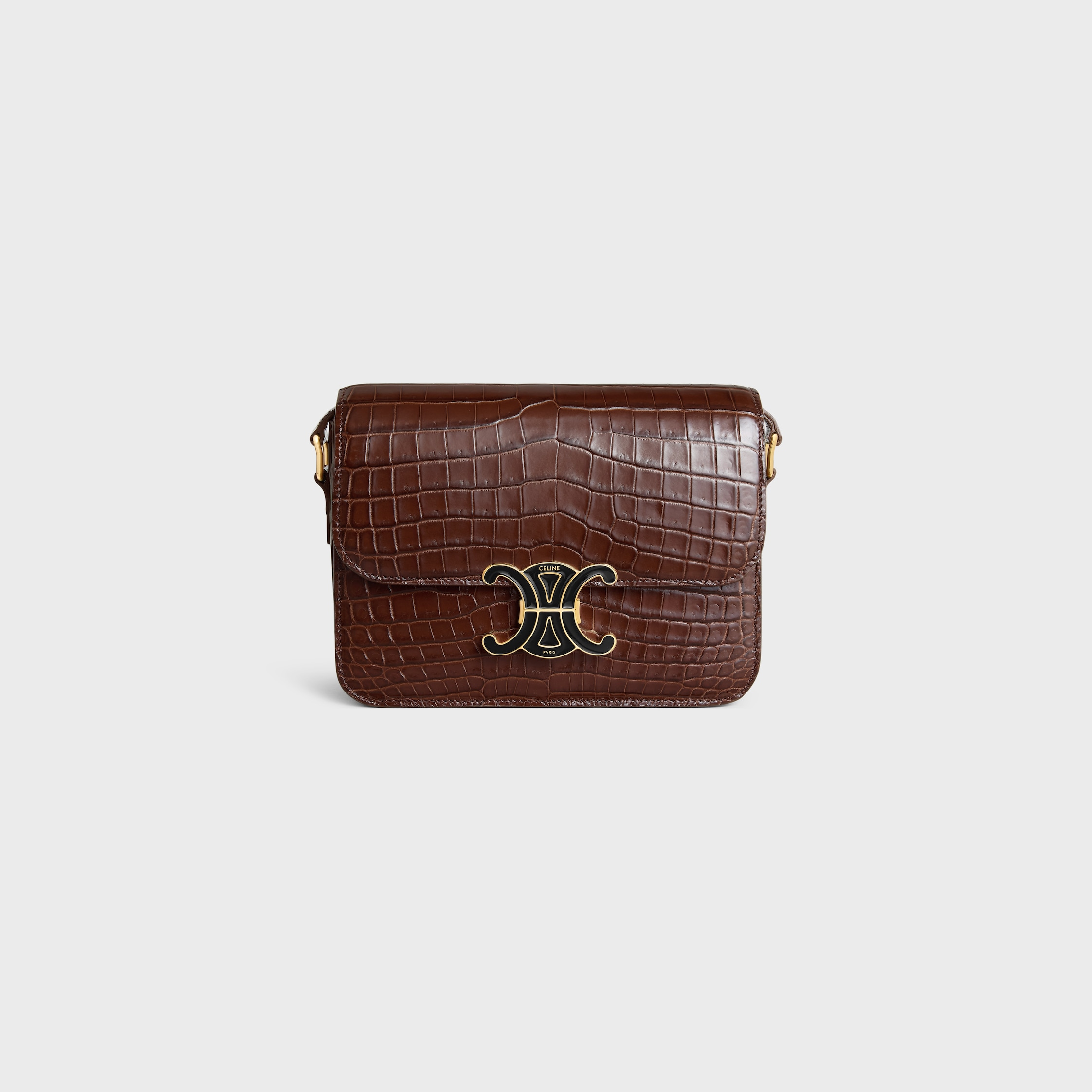 TEEN TRIOMPHE BAG IN CROCODILE WITH ENAMEL CLOSURE - BROWN / BLACK | CELINE