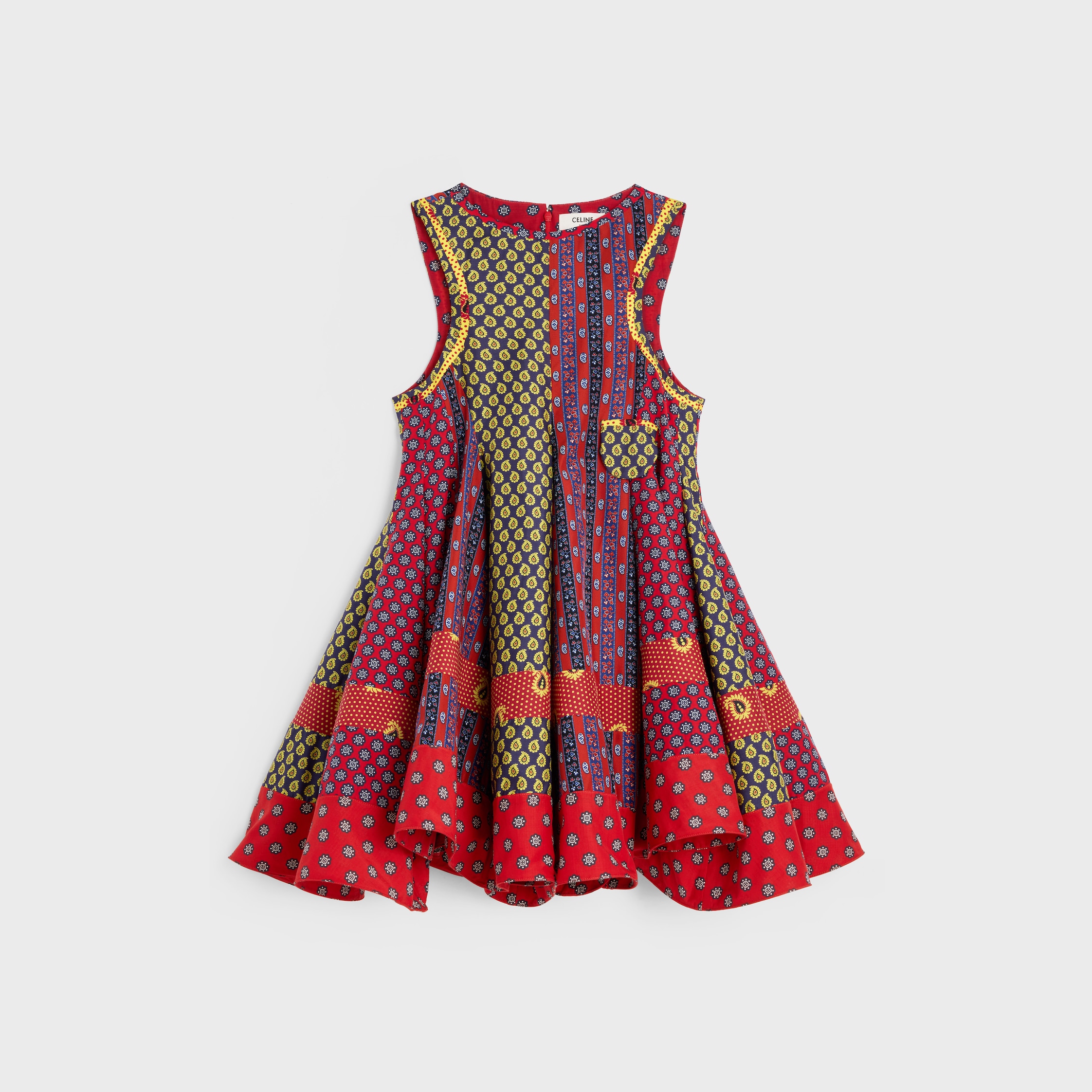 Abito patchwork in twill di seta stampato - ROSSO/BLU/NERO | CELINE