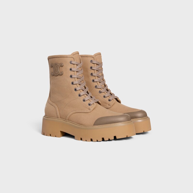 CELINE BULKY LACE-UP BOOT IN CANVAS & CALFSKIN - BEIGE | CELINE
